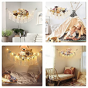 Dremisland Stuffed Animal Toy Hammock with Fairy Lights Macrame Boho Plush Toy Net Hammock with Tassels-Stuff Animals Organizer Storage Corner Plush Toys Net Holder for Nursery Play Room, Kids Bedroom
