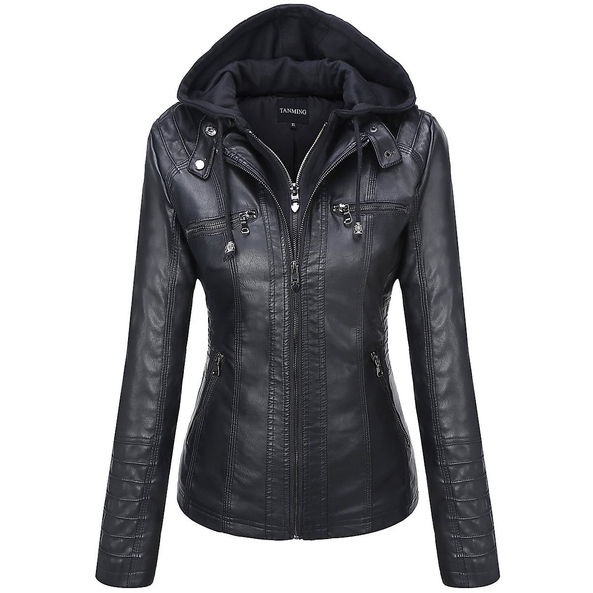 Tanming Women's Removable Hooded Faux Leather Jackets (X-Large, Black)