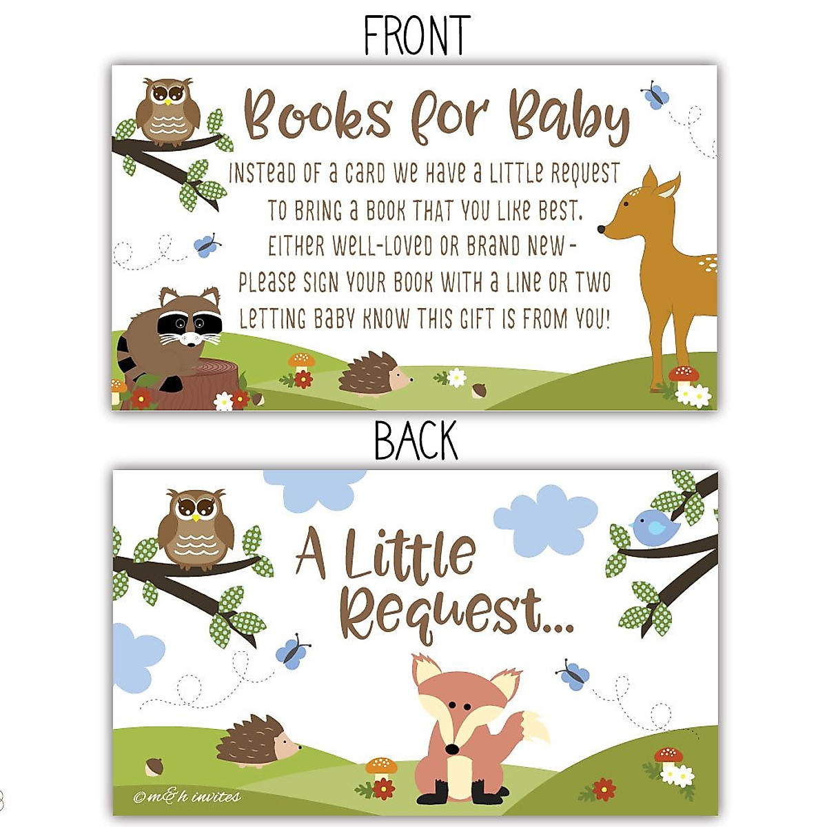 50 Count - Books for Baby Request Cards - Woodland Animals Baby Shower