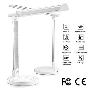Consciot 12W LED Desk Lamp with USB Charging Port, 5 Lighting Modes 7 Brightness Levels, Dimmable and Adjustable, Touch-Sensitive Control, 30/60 min Auto Timer, White