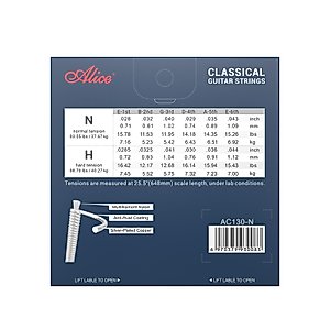 Classical Guitar Strings, Alice 2 Set Classic Guitar 6 Strings Clear Nylon Normal Tension 28-43 Gauge with Anti-Rust Coating, Silver Plated Wrap (AC130)