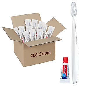 World Amenities - Bulk Disposable Dental Kit Bundle with Toothbrush and Toothpaste | 288 Count | Individually Wrapped - Travel Size Toiletries, Guest Hotel Amenities