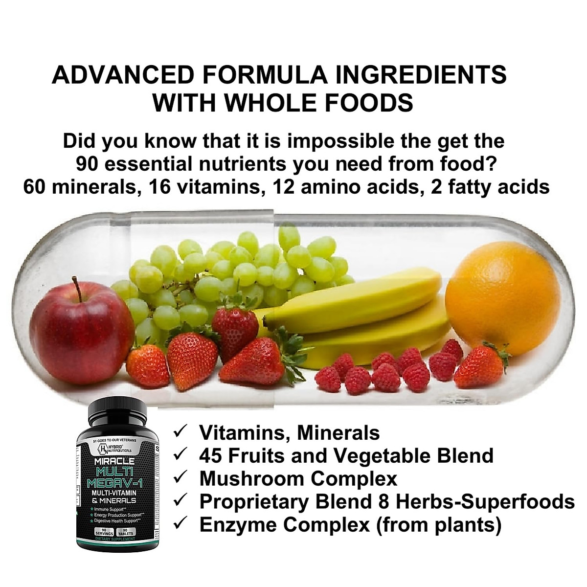 MEGAV-1 Multi-Vitamin, Superfood & Minerals - Daily Multivitamin with Probiotics, Digestive Enzyme, Mushroom Complex for Heart Health, Immune Support, Energy & Stamina - 90 Tablets