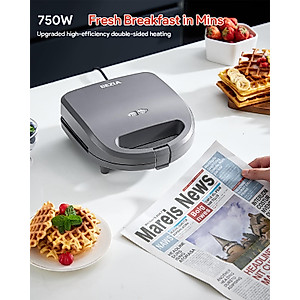 Waffle Maker Double, Waffle Iron Machine Non-Stick Extra Large, Breakfast Stuffed 2-Slice Belgian, Electric Fast Heat Up, Snack, Gray 750W BEZIA