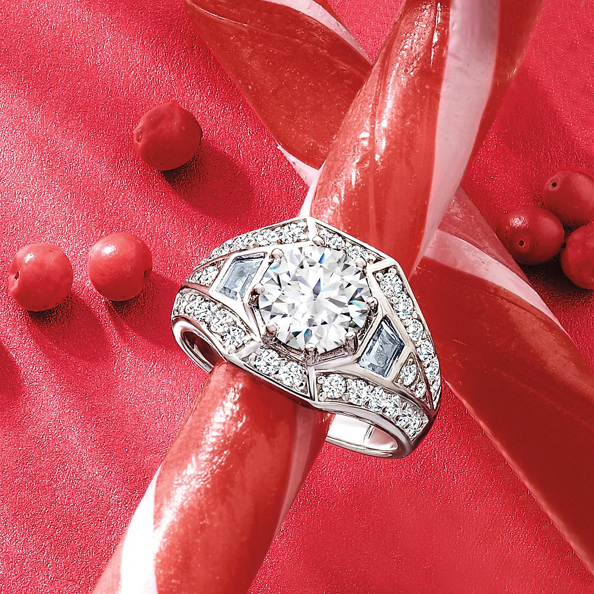 Ross-Simons 2.62 ct. t.w. CZ and .50 ct. t.w. Simulated Aquamarine Ring in Sterling Silver. Size 8