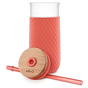 Ello Devon Glass Tumbler with Splash Proof Wooden Lid and Straw, Protective No Sweat Silicone Sleeve, Perfect for Smoothies and Iced Coffee, BPA Free, Dishwasher Safe, Multicolor, 18oz