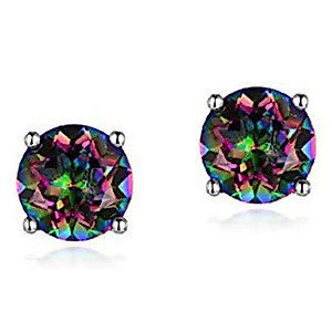 18K White Gold Plated Rainbow Quartz Stud Earrings Colourful Fashion CZ Created Mystic, Round Solitaire Mystic Earrings Hypoallergenic for Women Men Jewelry Gifts