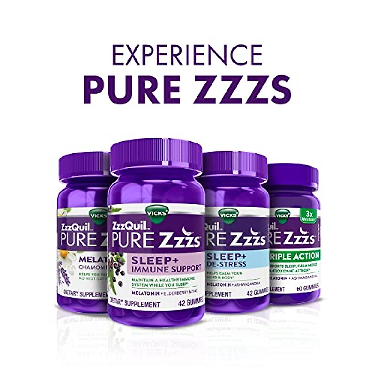 ZzzQuil PURE Zzzs Triple Action, 6mg Melatonin Gummies, 3X Sleep Aid with Ashwagandha, Calm Mood & Antioxidant for Adults, 6 mg per serving, 60 Count