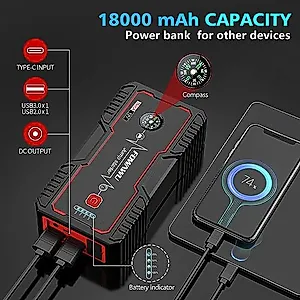 FOWAWU Car Jump Starter 1500A Peak 18000mAh Portable Jump(Up to 7.0L Gas and 5.5L Diesel), Battery Car Jump Battery Booster Pack with Smart Safety Jumper Cable, LED Light USB DC 12V Output