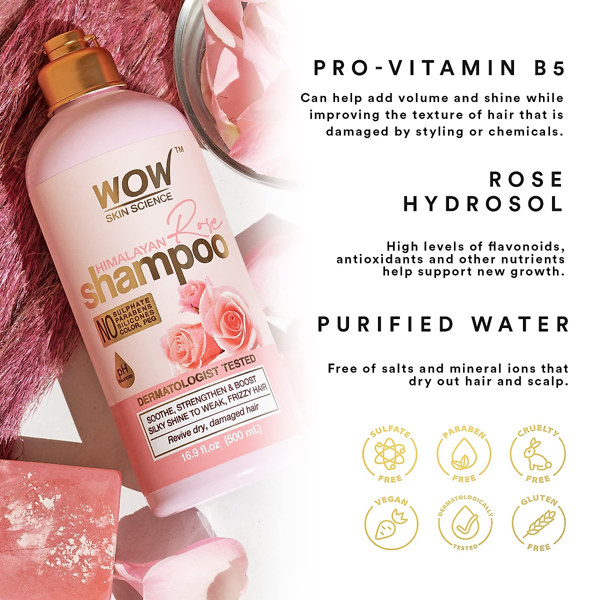 WOW Skin Science Himalayan Rose Hair Shampoo for Dry Damaged Hair - Hydrating Hair Repair w/ Rose Hydrosol & Argan Oil - Hair Growth Shampoo for Men & Women - All Hair Types 16.9 Fl Oz (16.9 Fl Oz (Pack of 1))