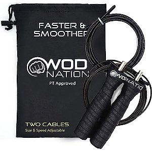 WOD Nation Attack Speed Jump Rope : Adjustable Jumping Ropes : Unique Two Cable Skipping Workout System : One Thick and One Light 11 Foot Cable : Perfect for Double Unders forHiit : Fits Men and Women
