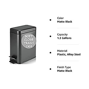 Soft Close, Rectangular Trash Can 5L with Anti - Bag Slip Liner and Lid, Use as Mini Garbage Basket, Slim Dust Bin, or Decor in Bathroom, Restroom, Kitchen, or Bedroom (5L / 1.3 Gallon, Matte Black)
