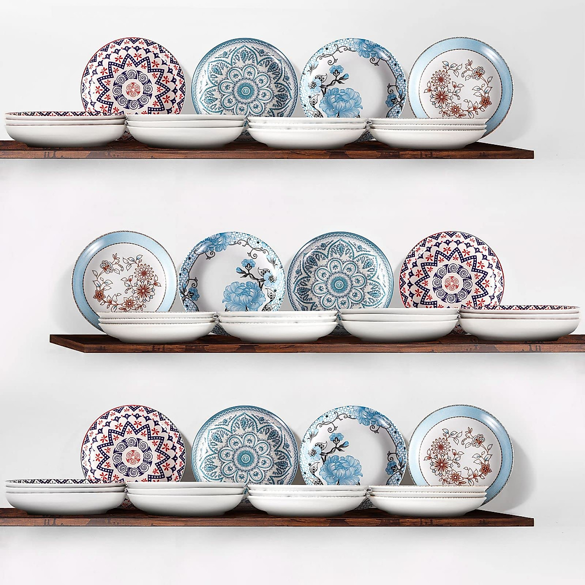 Artena Pasta Bowls Set Of 4, 20oz Porcelain Salad Bowls, 8 Inch Bowls For Kitchen, Colorful Dinner Plates & Solid Soup and Sandwich Plate Combo, 16 oz Soup Bowls/Mugs/Cups with Handles