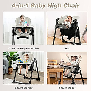 BABY JOY High Chair for Babies & Toddlers, Foldable Highchair with Adjustable Backrest/Footrest/Seat Height, Double Removable Trays, Detachable Seat Cushion, Wheels, Aluminum Frame (Gray)