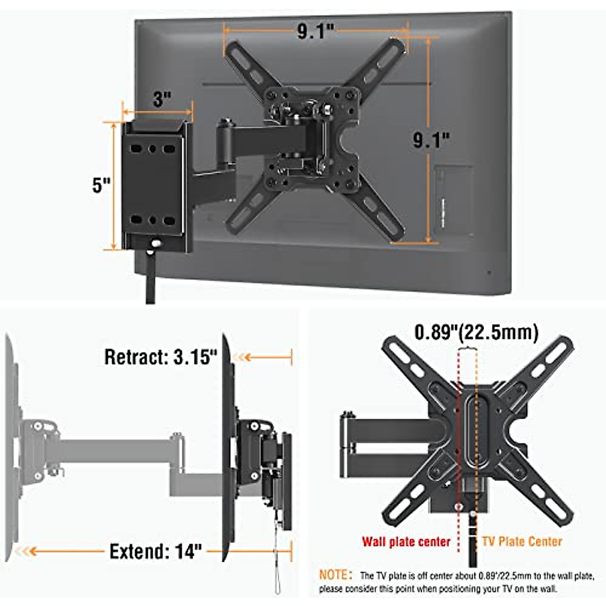 ELIVED Lockable RV TV Mount for Most 13-43 Inch TVs, RV TV Wall Mount Swivel and Tilt for Camper Trailer Motorhome, Detachable TV Bracket with Double Wall Plates, Max VESA 200x200mm, up to 22LBS
