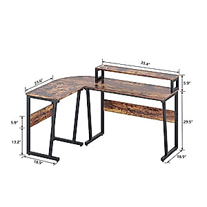 TREETALK Computer Desk, L-Shaped Corner Desk with Large Monitor Stand, Switchable PC Laptop Table, Gaming Writing Workstation for Home Office (Rustic Brown)
