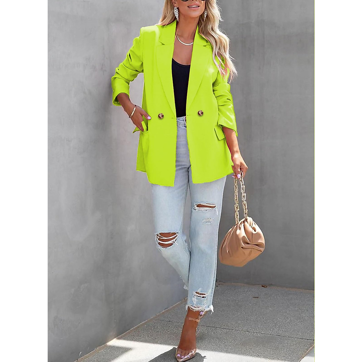 ARTFREE Womens Casual Blazer Button Lapel Long Sleeve Work Business Fashion Blazers Jackets Outfits with Pockets Fluorescent Green XS