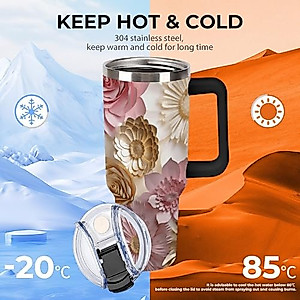 NVBSKKDH Pink White Gold Flowers 40 Oz Stainless Steel Tumbler with Handle & Straw Double-Walled Vacuum Insulated Travel Mug for Hot/Cold Drinks, Reusable Thermal Cup for Car Cup Holder