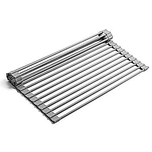Bellemain Over The Sink Dish Drying Rack | Silicone Dish Drying Mat, Space Saving Drying Rack for Kitchen Counter, Stainless Steel Dish Rack Over Sink | Multipurpose Heat Resistant Mat (Gray, Medium)