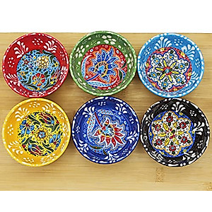 HeraCraft 6pcs Hand Painted Turkish Ceramic Snack Bowls 3.35''/8.5cm-74ml/2.5 oz Decorative Ottoman Tulips Design Multi-Purpose Cute Set - Pinch Sauce Dipping Finger Small Serving Bowls