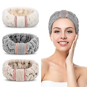 DOOBO 3 Pack Spa Headbands Microfiber SkinCare Face Wash Headband Facial Headband Makeup Towel Headbands for Women for Washing Face(White, Gray, Khaki)