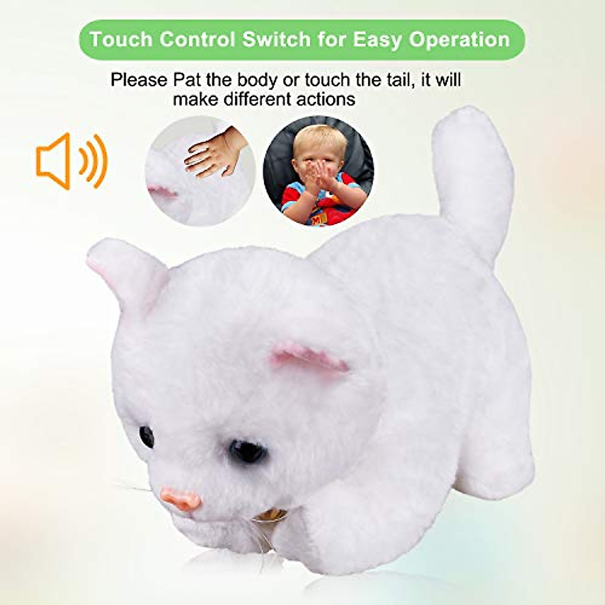 White Plush Cat Stuffed Animal Interactive Cat Robot Toy, Robotic Cat Barking Meow Kitten Touch Control, Electronic Cat Pet, Robot Cat Kitty Toy, Animated Toy Cats for Girls Baby Kids L:12" * H:8" *