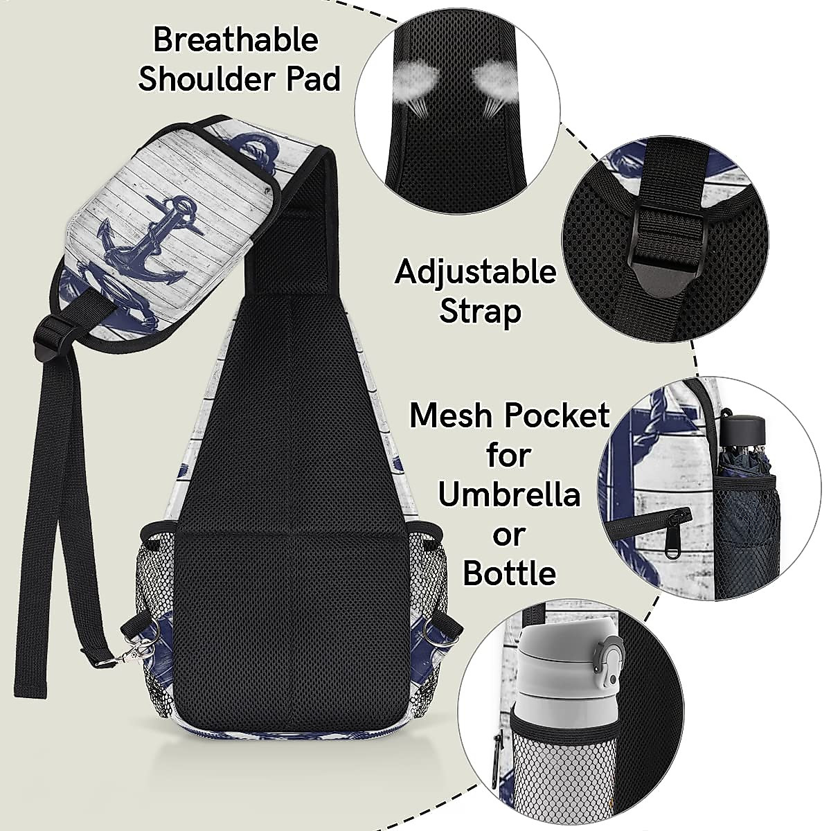 Anchor Wooden Sling Bag Crossbody Backpack Casual Chest Shoulder Daypacks For Cycling Hiking Travel