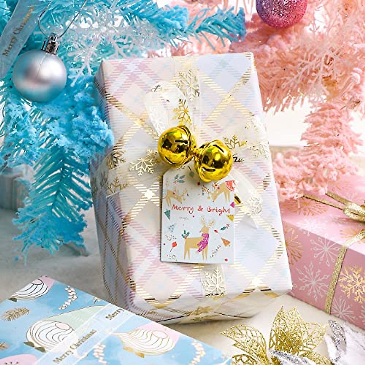 WRAPAHOLIC Christmas Wrapping Paper Roll - Gold and Purple Pastel Gnome Elf Holiday Collection with Metallic Foil Shine - 4 Rolls - 30 Inch X 120 Inch Per Roll
