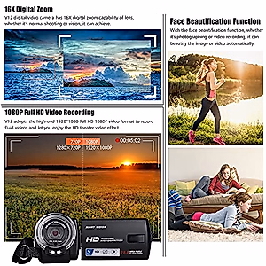 Andoer Video Camera V12 1080P Full HD 16X Digital Zoom Recording Portable Camcorder with 3.0 Inch Rotatable LCD Screen Max. 20 Mega Pixels Support Night Vision Face Detection Face Beautification
