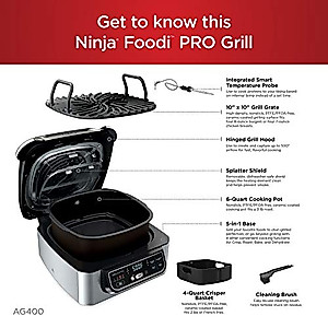 Ninja Foodi Pro 5-in-1 Indoor Integrated Smart Probe, 4-Quart Air Fryer, Roast, Bake, Dehydrate, an Cyclonic Grilling Technology, with 4 Steaks Capacity, Stainless