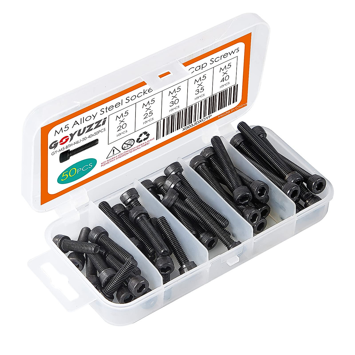 M5 x 20mm 25mm 30mm 35mm 40mm Hex Socket Head Cap Screws Bolts, Metric Allen Hex Drive, 12.9 Grade Alloy Steel, Black Oxide Finish, Fully Threaded, Assortment Kit 50PCS