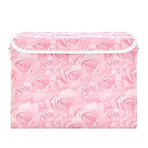 Kigai Storage Basket Beautiful Pink Rose Storage Boxes with Lids and Handle, Large Storage Cube Bin Collapsible for Shelves Closet Bedroom Living Room, 16.5x12.6x11.8 In