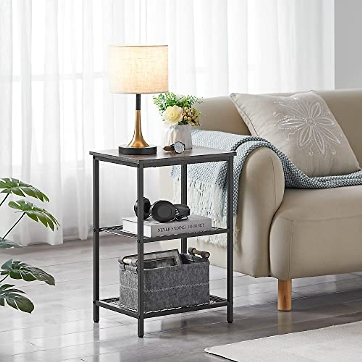 VECELO 3-Tier End Tables, Small Nightstands with Storage Shelf, Industrial Night Stand for Living Room Bedroom, Metal Frame, 1 Pack(A), Misty Gray