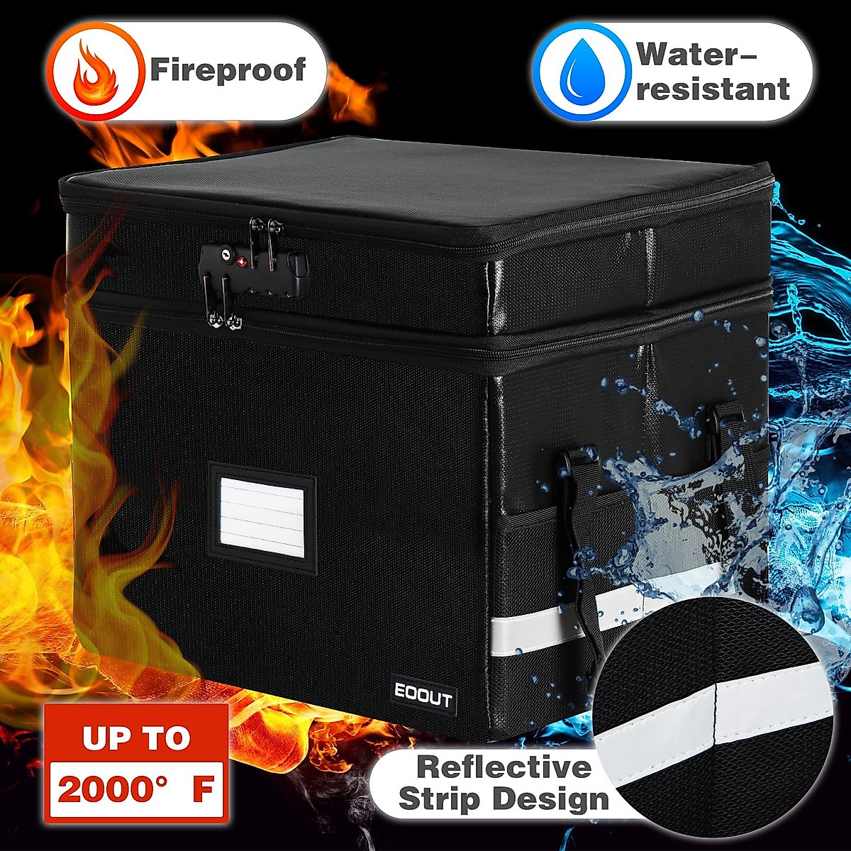 EOOUT Fireproof Document Box, 2 Layer File Organize Box, Portable Fireproof Waterproof Office Collapsible File Storage for Hanging Letter/Legal Size Folder/Certificate