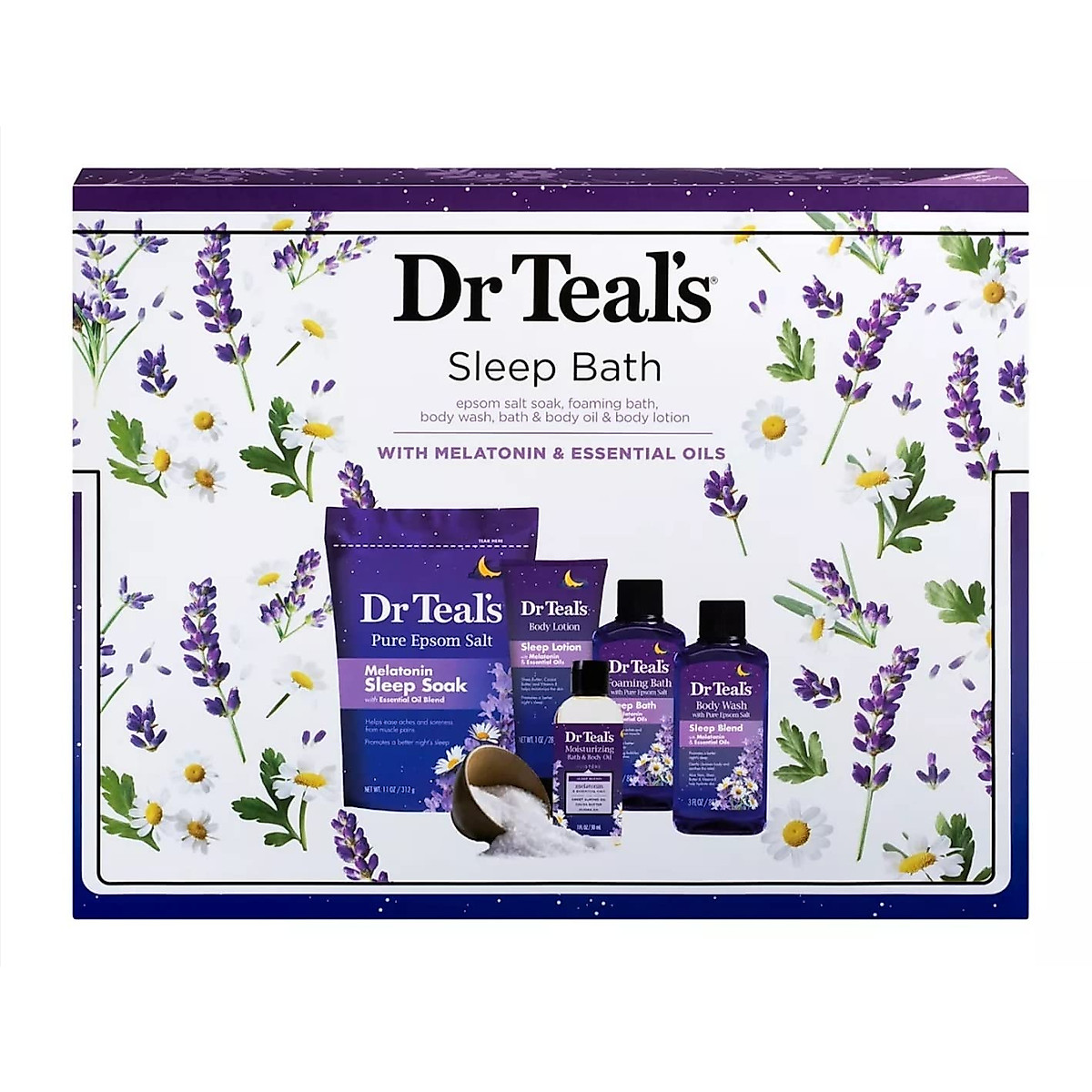 Dr Teal's Melatonin Gift Set for Better Sleep - Epsom Salt Soak, Bath, Body Wash, Body Oil & Lotion - At Home Spa Kit