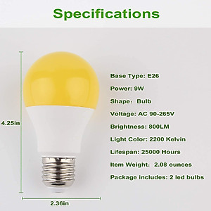 GREENIC 60 Watt Yellow Light Bulbs 2-Pack 120V E26 Base Led bulb A19 800Lm 2200k Porch Light for Outdoor Indoor Bedroom Yard