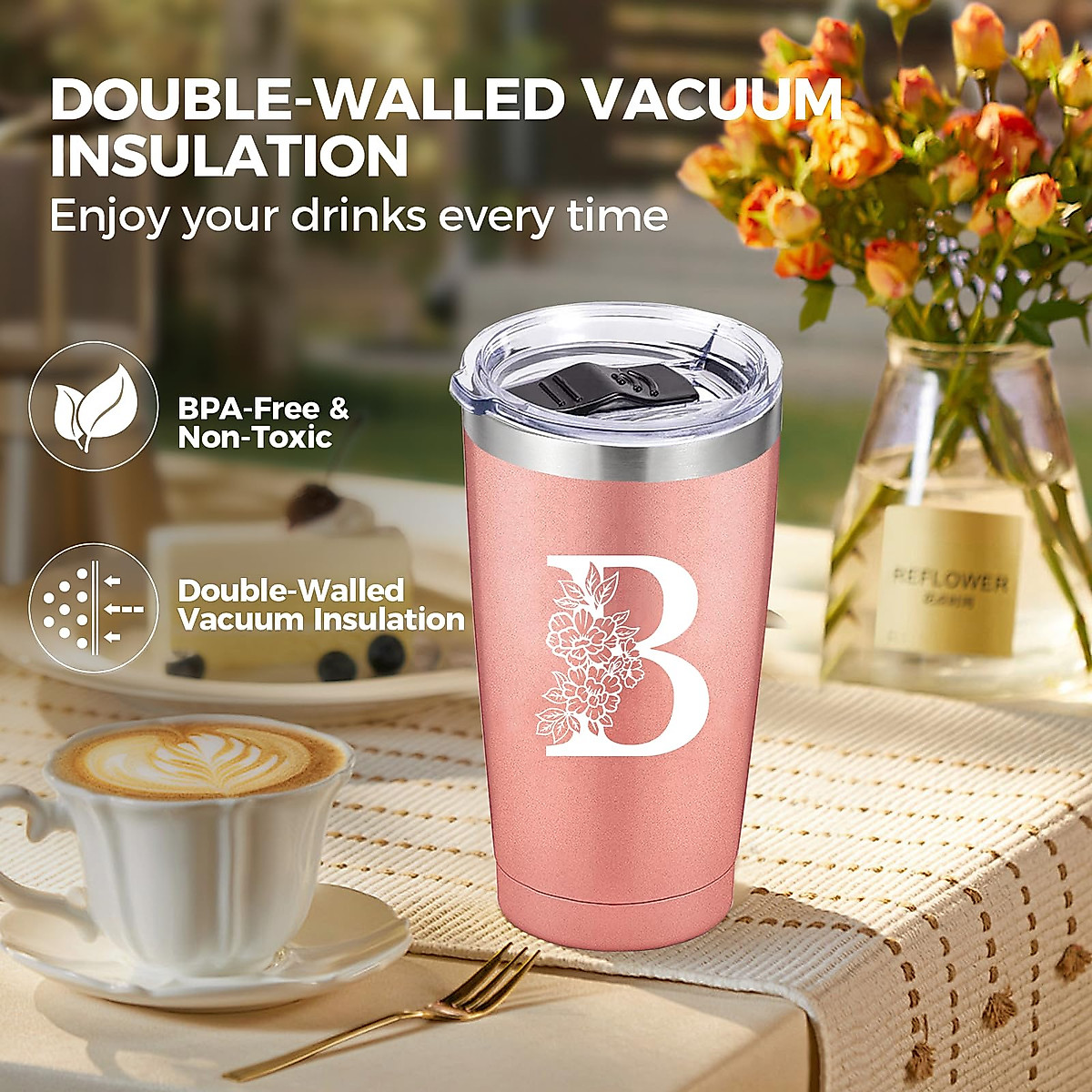 Leraverppy Personalized 20oz with Initial Stainless Steel Coffee，Leak Proof Rose Gold Tumbler with Lid And Straw Double Wall Thermal Cups for Hot and Cold Drinks Monogrammed Gifts for Women（C20-B）