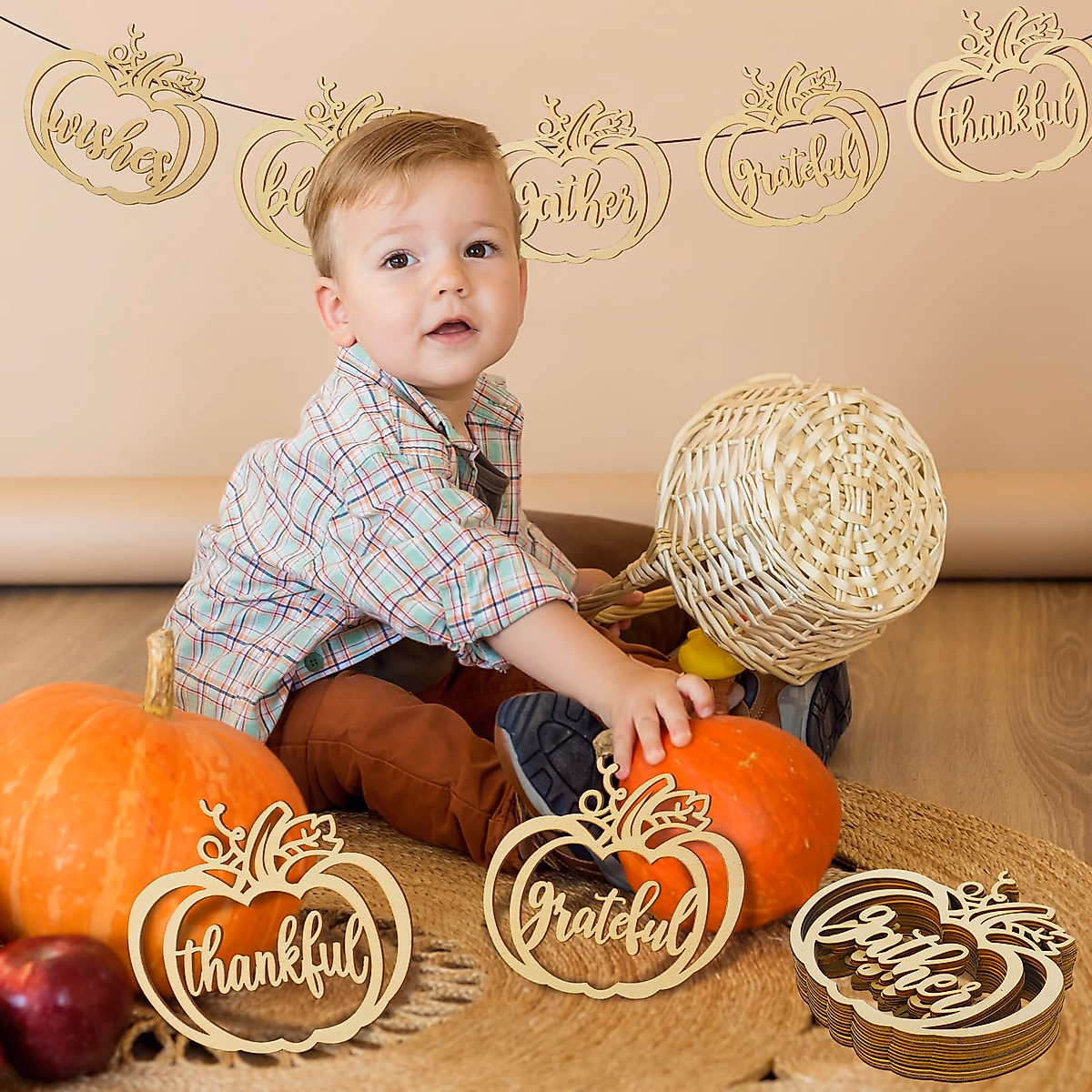 Qunclay 12 Pcs Thanksgiving Plate Decor Pumpkin Wood Cutouts Fall Thankful Blessed Thanksgiving Table Decor Fall Word Plate Sign Place Cards Settings for Autumn Rustic Letter Decorations