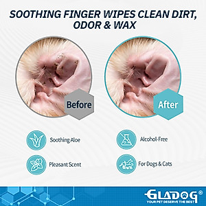 GLADOG Dog Ear Cleaner Finger Wipes, Ear Finger Wipes for Dogs Cats, Gently Removes Dirt & Odor, Dissolves Wax Build-Up, Easy to Use, Ear Cleaning Finger Wipes for Dogs, Natural Ingredients - 55 Count