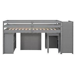 Loft Bed and 3 Drawers, Wooden Loft Bed with Storage Stairs and Shelves, Gray