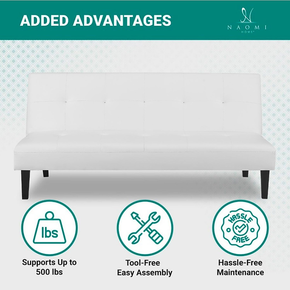 Naomi Home White Faux Leather Convertible Futon Sofa Bed, Button Tufted, 3 Positions, Small Couch Bed with Wooden Legs, 58 lbs, 500 lbs Capacity