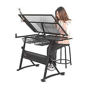 EESHHA Drawing Table Drafting Table with Storage, Height Adjustable Tiltable Art Desk, Glass Panel Drawing Desk, for Work Study Painting Craft Table
