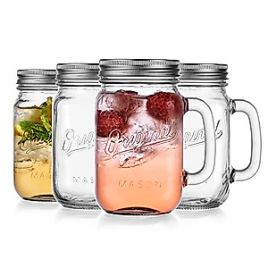 Mason Jar 16 Oz. Glass Mugs with Handle and Lid Set Of 4 - Home Essentials & Beyond - Old Fashioned Drinking Glass Bottles Original Mason Jar Pint Sized Cup Set.