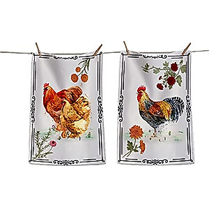 Shes Chic Rooster Chicken Kitchen Towels - 100% Cotton Farmhouse Set of 2 Multi-Purpose Feedsack Dish Towel for Drying | Tea Towels | Bar Towels 26 Inch by 18 Inch with Hanging Loop