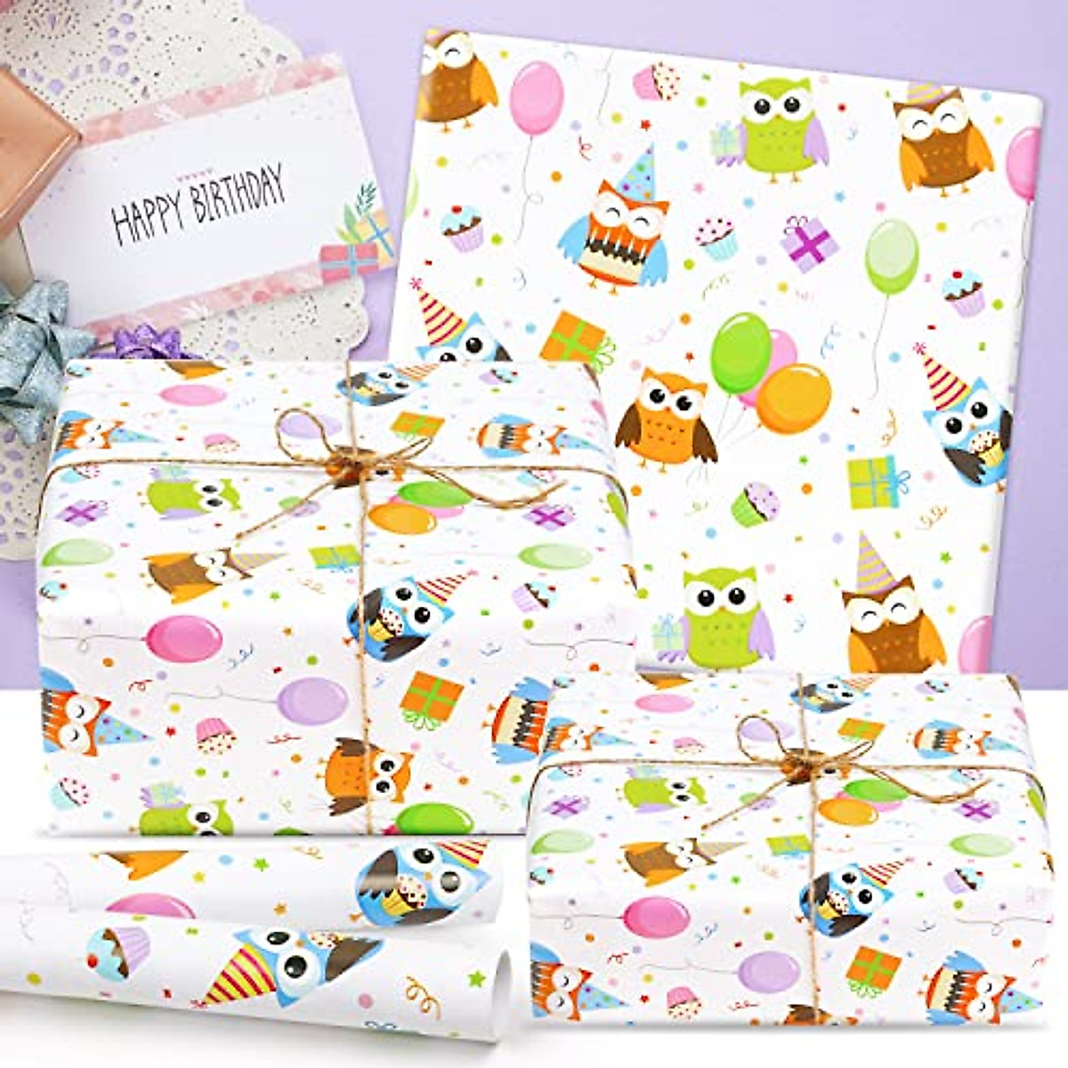NEPOG Birthday Wrapping Paper for Kids Boys Girls, Colorful Owls Design Gift Wrapping Paper, Cute Animals 6 Sheets Folded Flat 20x28 inches per Sheet for Birthday Party Baby Shower Kindergarten