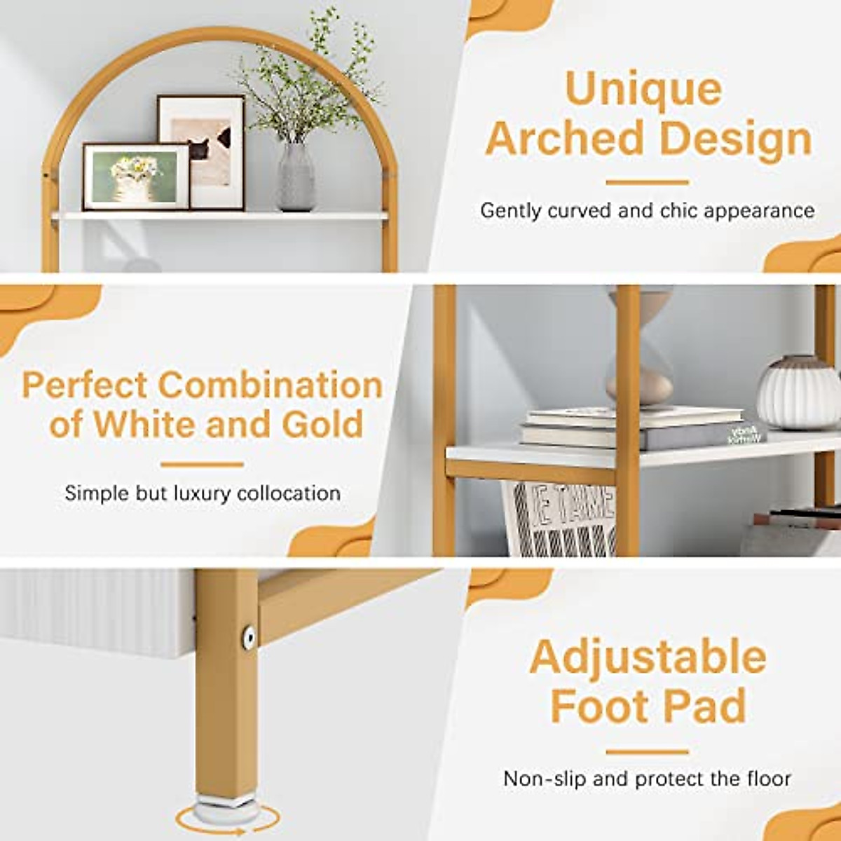 Jehiatek Gold Bookshelf, Arched Bookcase with Doors Storage, 71" Tall Industrial Book Shelf with Sturdy Metal Frame, E1 Quality Boards, Freestanding Display Shelving Unit, White and Gold