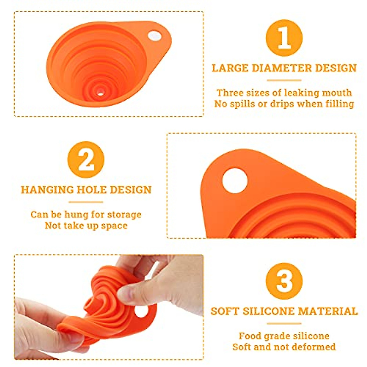 KUFUNG Silicone Collapsible Funnel Set of 4, Small and Large, Kitchen Gadgets Foldable Funnel for Water Bottle Liquid Transfer Food Grade