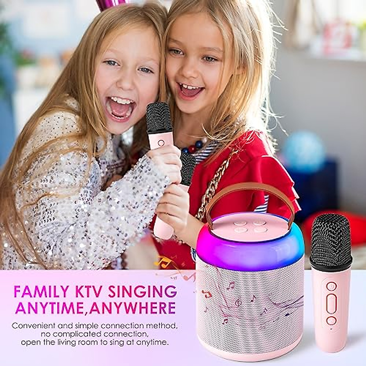 Mini Karaoke Machine with 1 Wireless Microphones for Kids Adults, Portable Bluetooth Speaker Toy for Girls and Boys 2 4 5 6 7 8 9 10 12 Year Old Girl Christmas Birthday Gift Home Party Ideas (Pink)