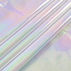 URROMA Metallic Foil Stretch Fabric, White Iridescent Hologram Fabric Sewing Fabric for DIY Laser Gradient Fabric Foil Spandex Fabric for Costume Background