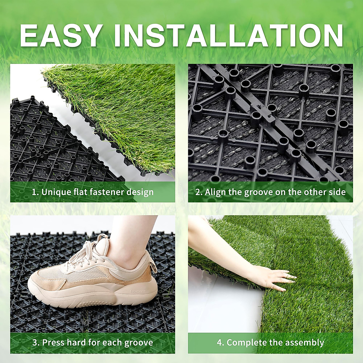 TONAHUTU Artificial Grass Turf Tile, 9 Piece 1'x1' Interlocking Fake Grass Mat Deck Tile Synthetic Grass Turf Green Lawn Carpet for Outdoor Garden Balcony Patio Decor (1.57in Height)